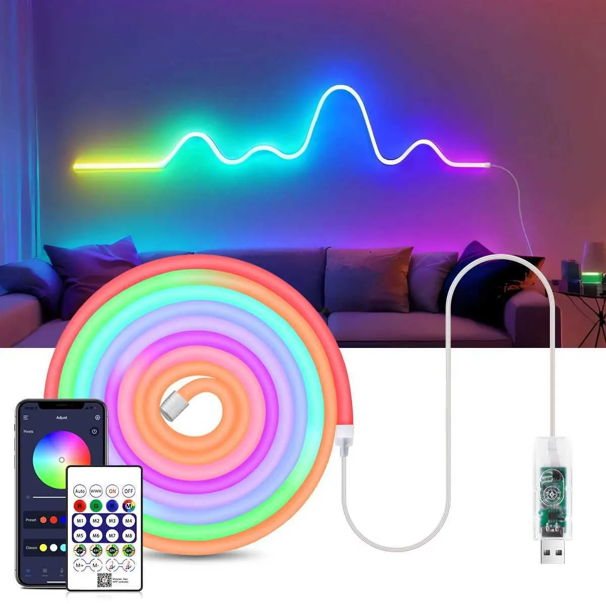 USB Powered RGBIC Neon LED Strip Lights: Waterproof, Bluetooth App ...