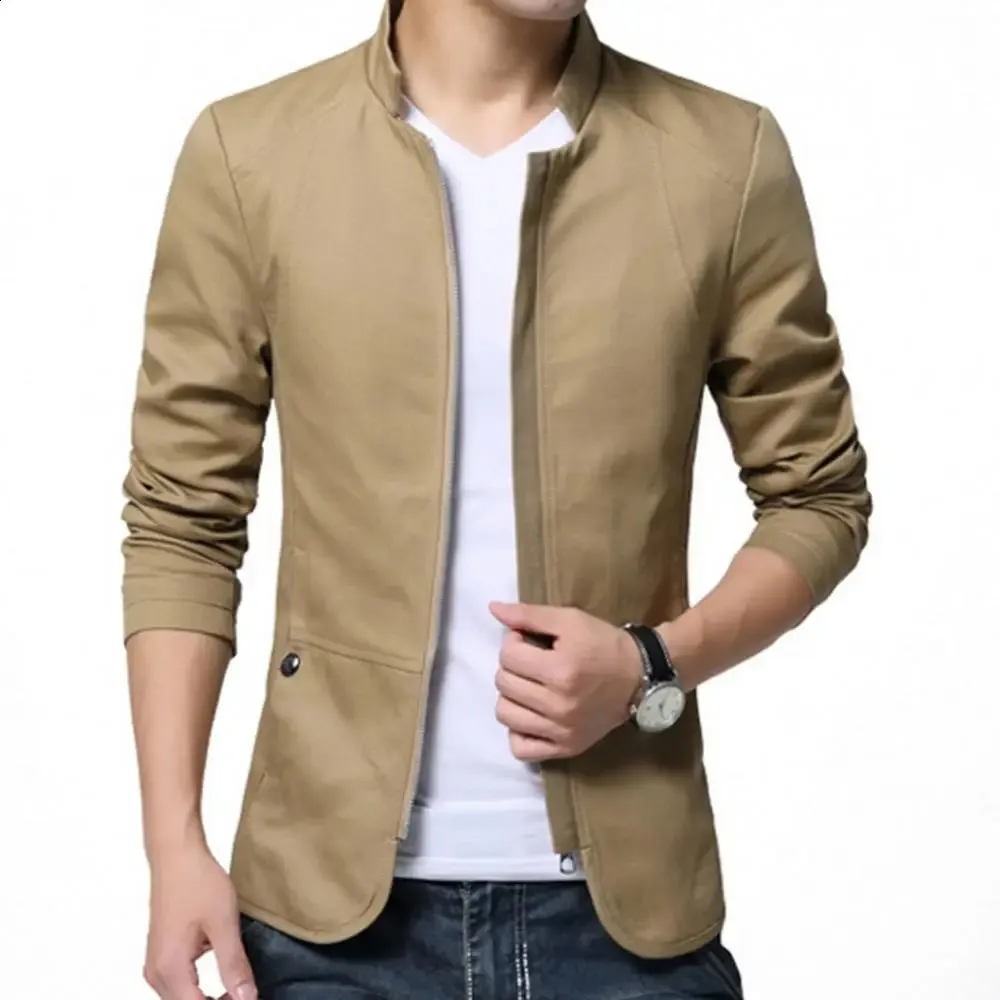 Mens Casual Blazer Men Autumn Solid Color Stand Collar Zipper Pockets ...