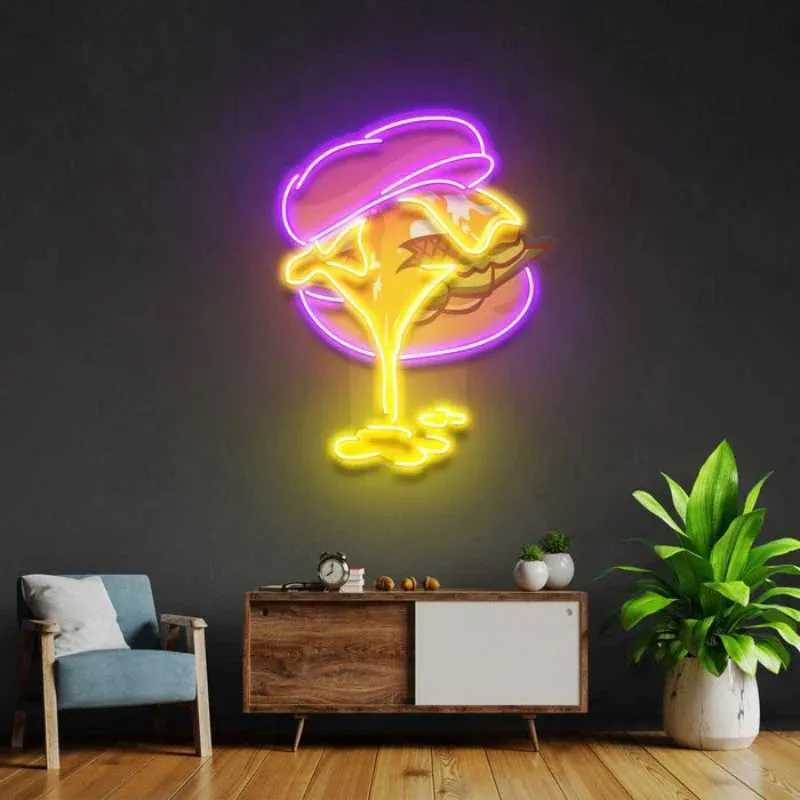 Hamburger LED Neon Sign - Vibrant Acrylic Artwork, Restaurant & Bar ...