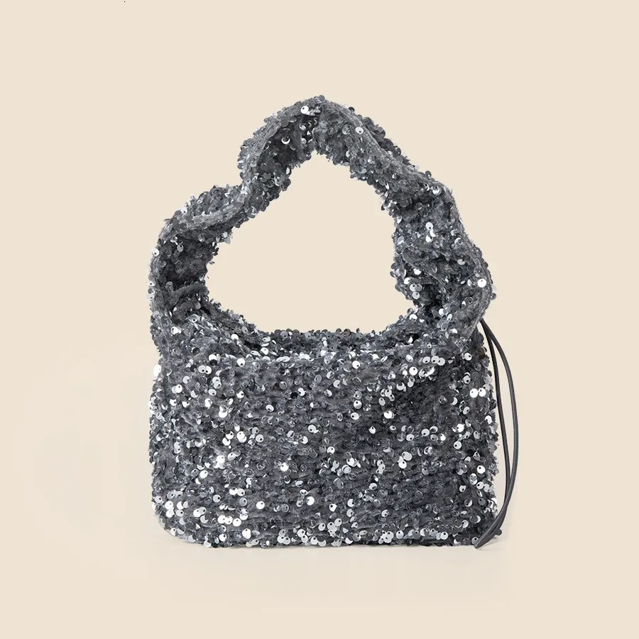 Sequin Pleated Handbag Small Square Drawstring Shoulder Bag For Spring ...