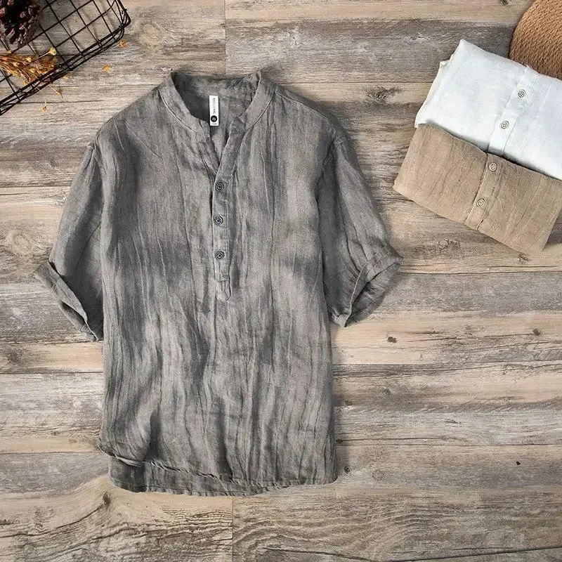 Mens Linen Shirts Short Sleeve Lightweight Summer Linen Shirt, Casual V ...