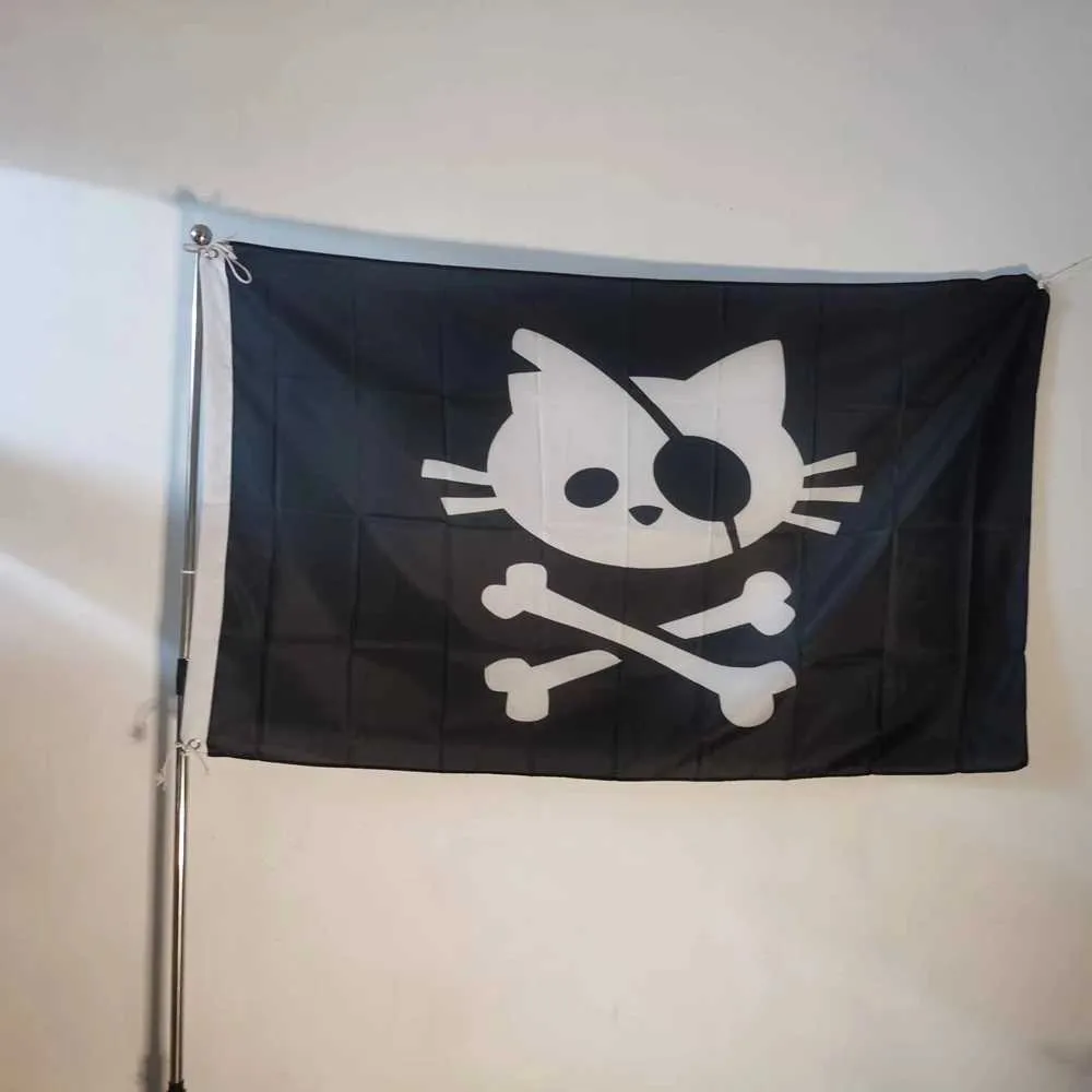 XJ240819 Pirate Cat Skull Flag 3x5 Ft Black Polyester Banner For Indoor ...