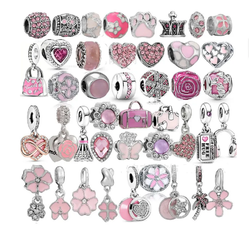 Mixed Charms Beads Set: Silver European Style, Pink Flower & Heart ...