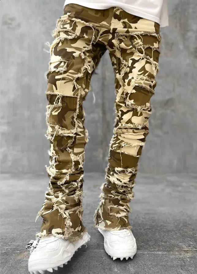 European Camo Pants Men High Street Slim Fit Stretch Patched Denim ...