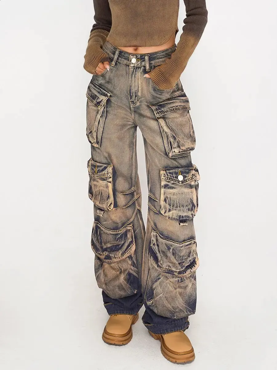 Heavy Duty Washed Distressed Multi Pocket Cargo Pants American Retro ...