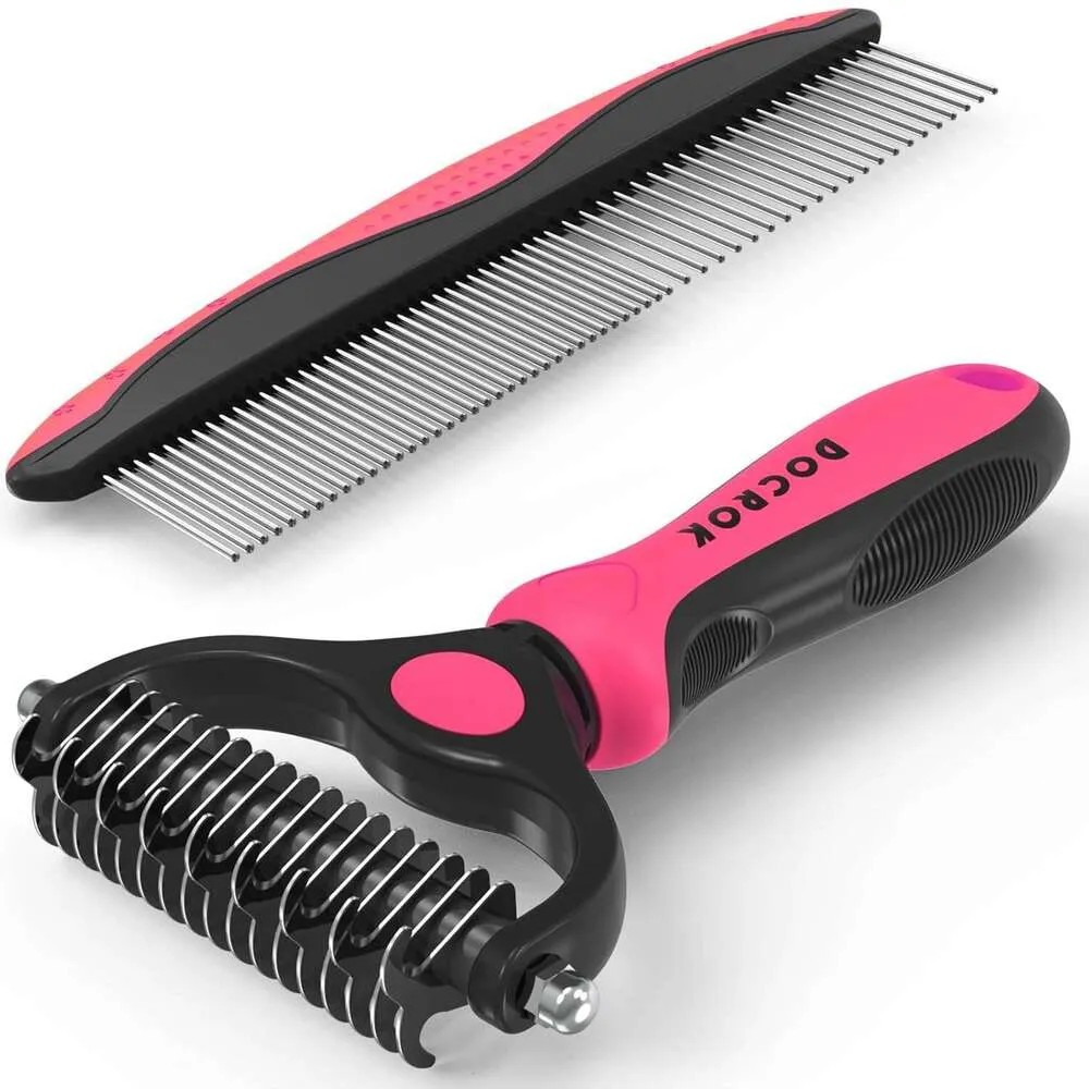 Docrok Pet Grooming and Metal Comb Combo for Shedding and Dematting ...