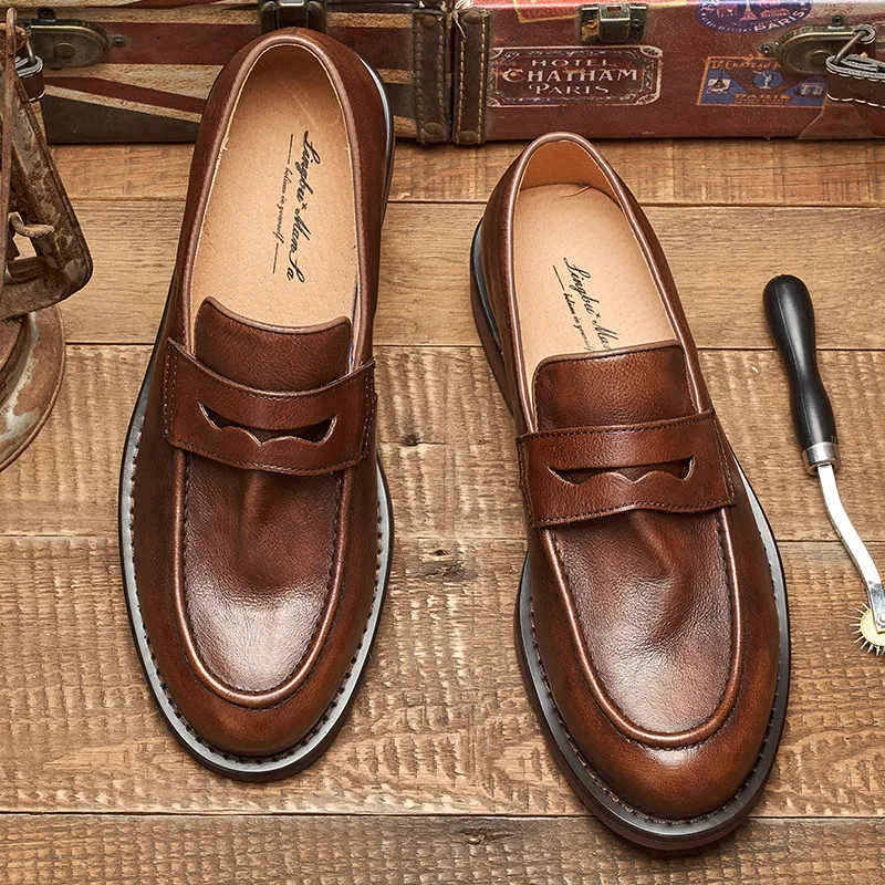 Handcrafted British Penny Loafers With Cowhide And Bean Toe Layer Mens ...