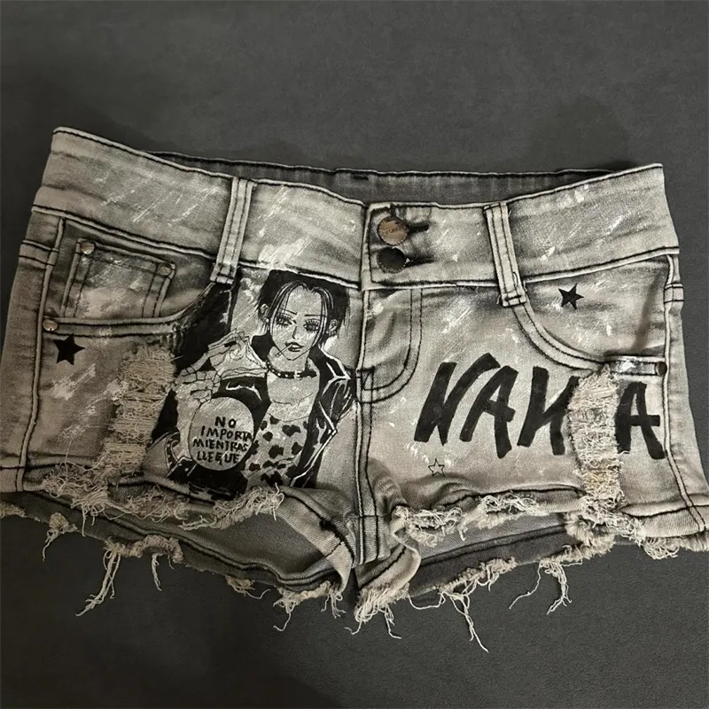 Denim Booty Shorts With Punk Tights Accent Distressed Low Waist Y2k ...