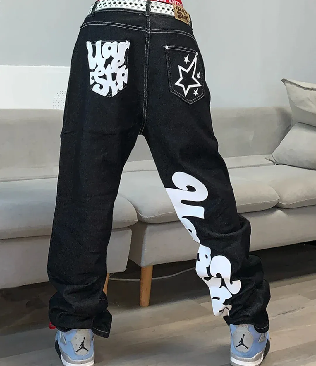 Letter Print Baggy Y2K Mens Jeans High Waist Retro Hip Hop Casual ...