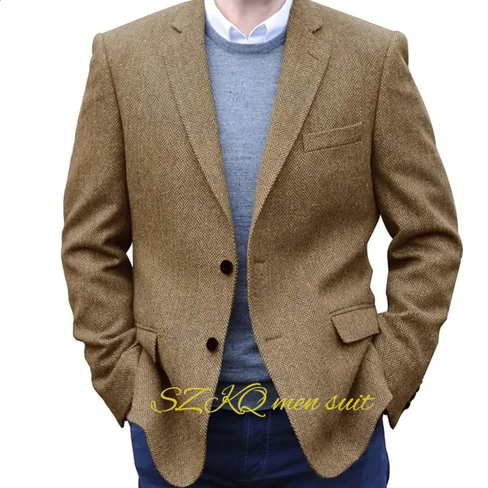 Mens Herringbone Tweed Jacket With 2 Buttons Lightweight Casual Sports ...