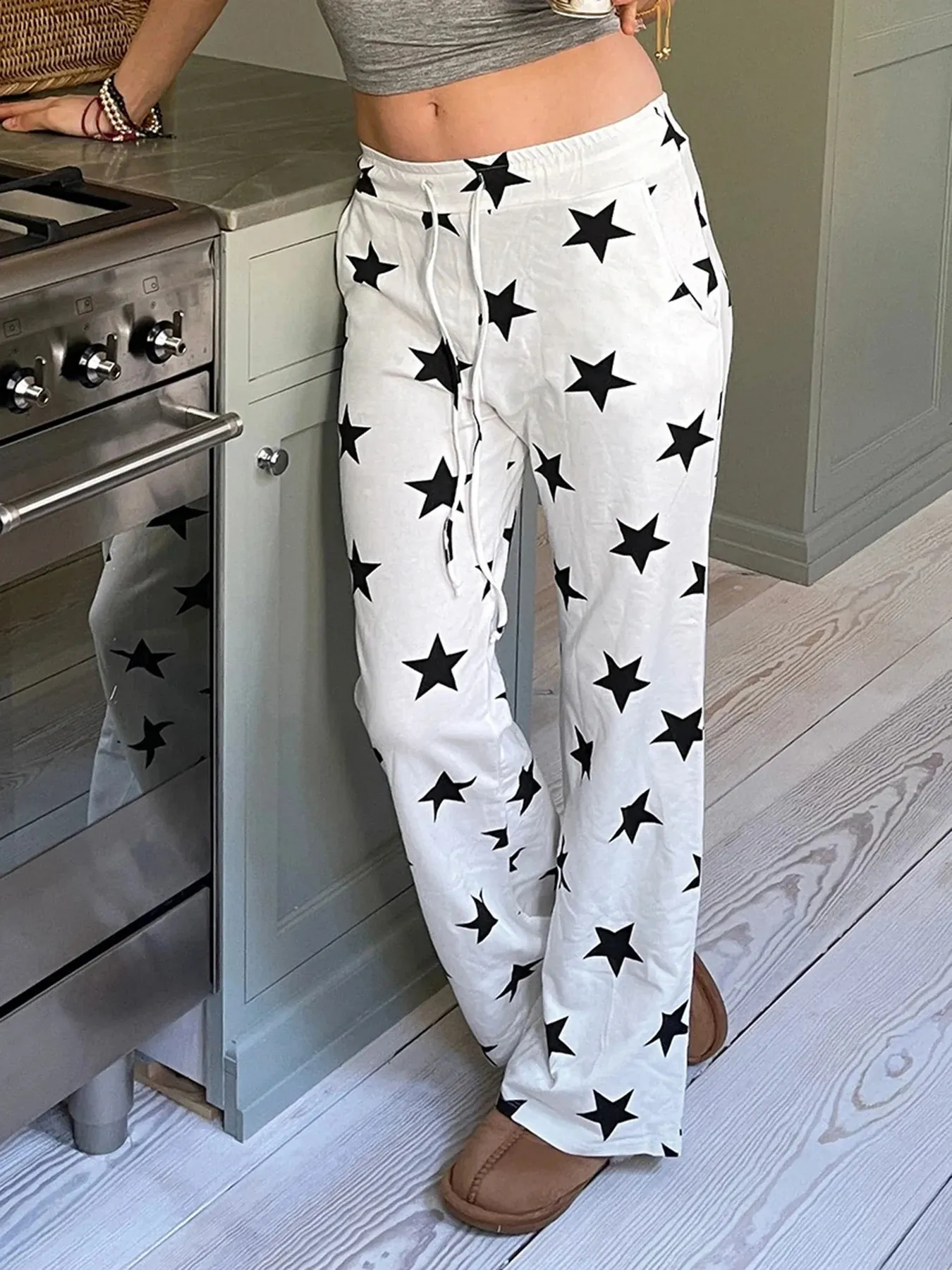 Star Print Y2K Style Wide Leg Trousers - Chic Street Fashion Jogger ...