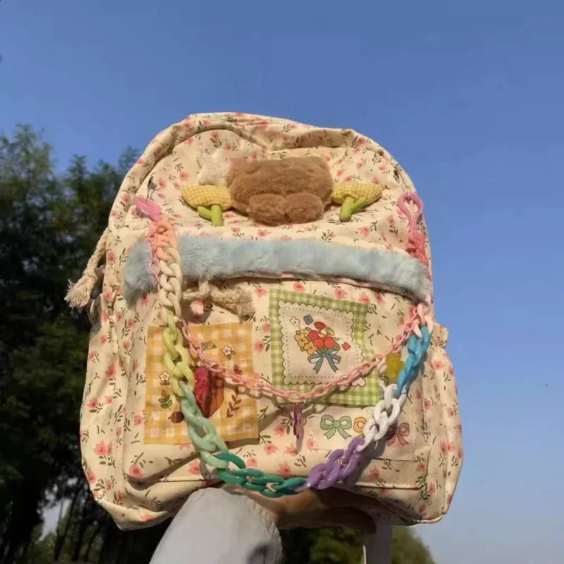 Haruku Y2K Cartoon Bear Patchwork Backpack High Capacity Casual ...