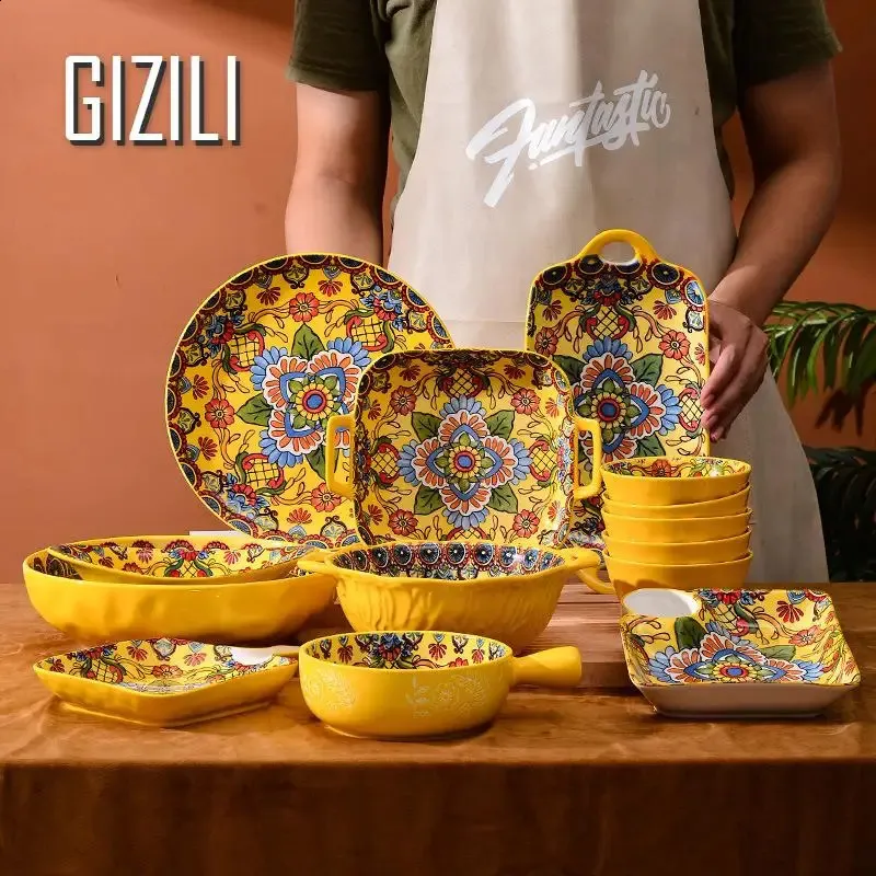 Bohemian Ceramic Talavera Dinnerware Set Binaural Bakeware, Salad Bowl ...