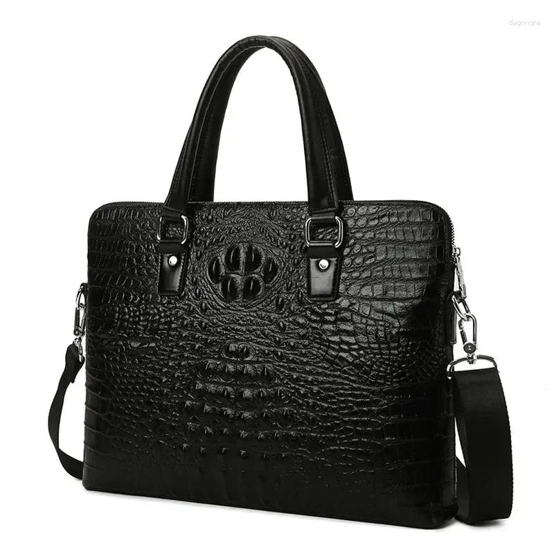 Cow Leather Laptop Briefcase with Crocodile Pattern for Men, Zipper ...