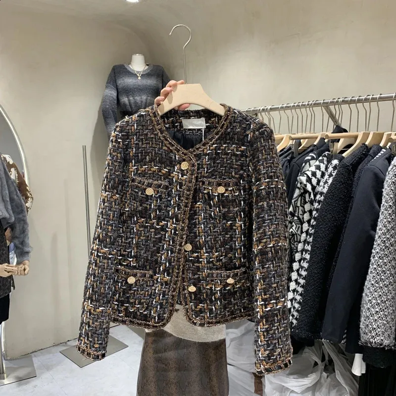 Tweed Women's Vintage Style Cropped Ladies Jacket Korean Fashion O-Neck ...