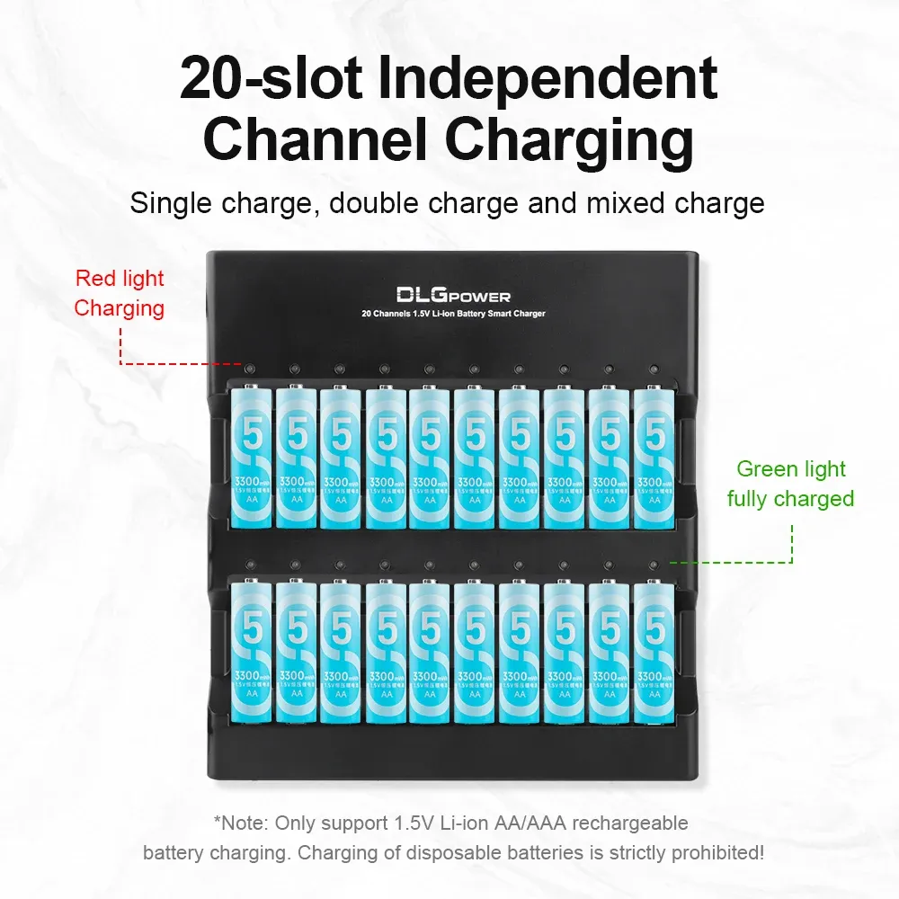 20-Slot Smart Battery Charger - AA AAA 1.5V Li-ion Rechargeable Battery ...