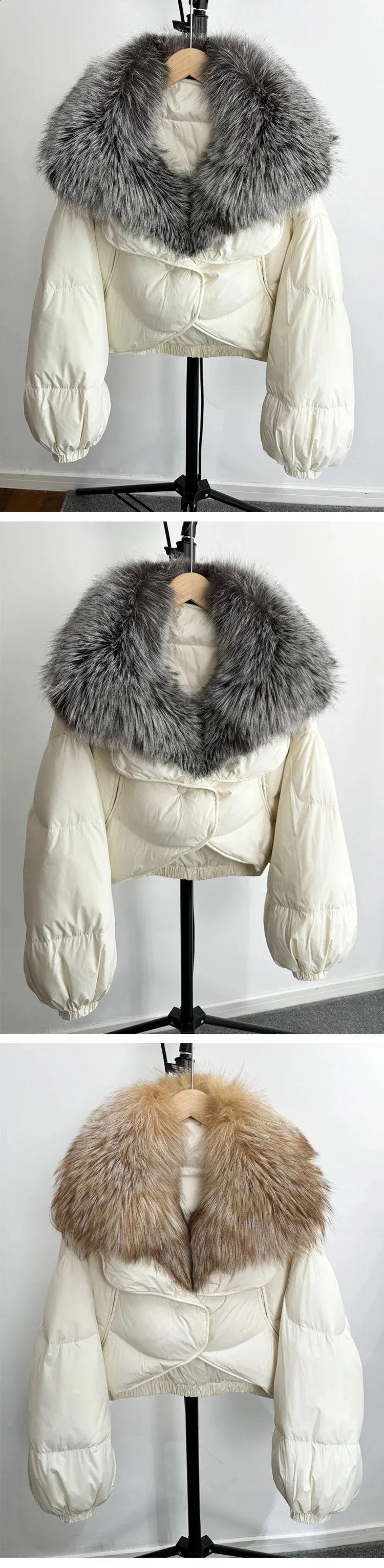 Premium Silver Fox Fur Jacket: Warm & Waterproof Down Puffer Coat for ...