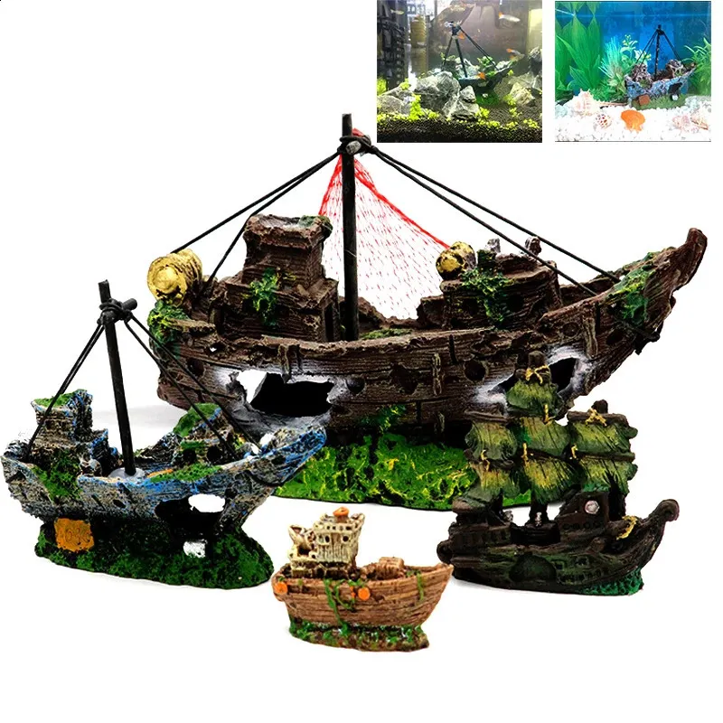 Resin Pirate Ship Aquarium Fish Tank Decorations Landscaping Ornament ...