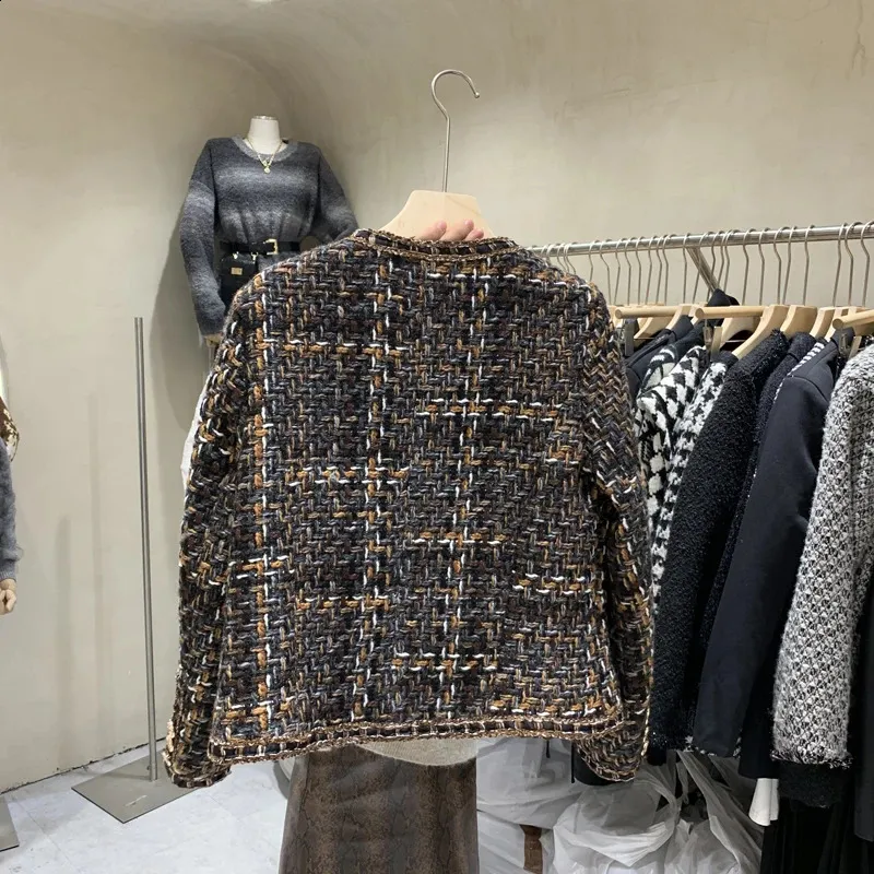 Tweed Women's Vintage Style Cropped Ladies Jacket Korean Fashion O-Neck ...