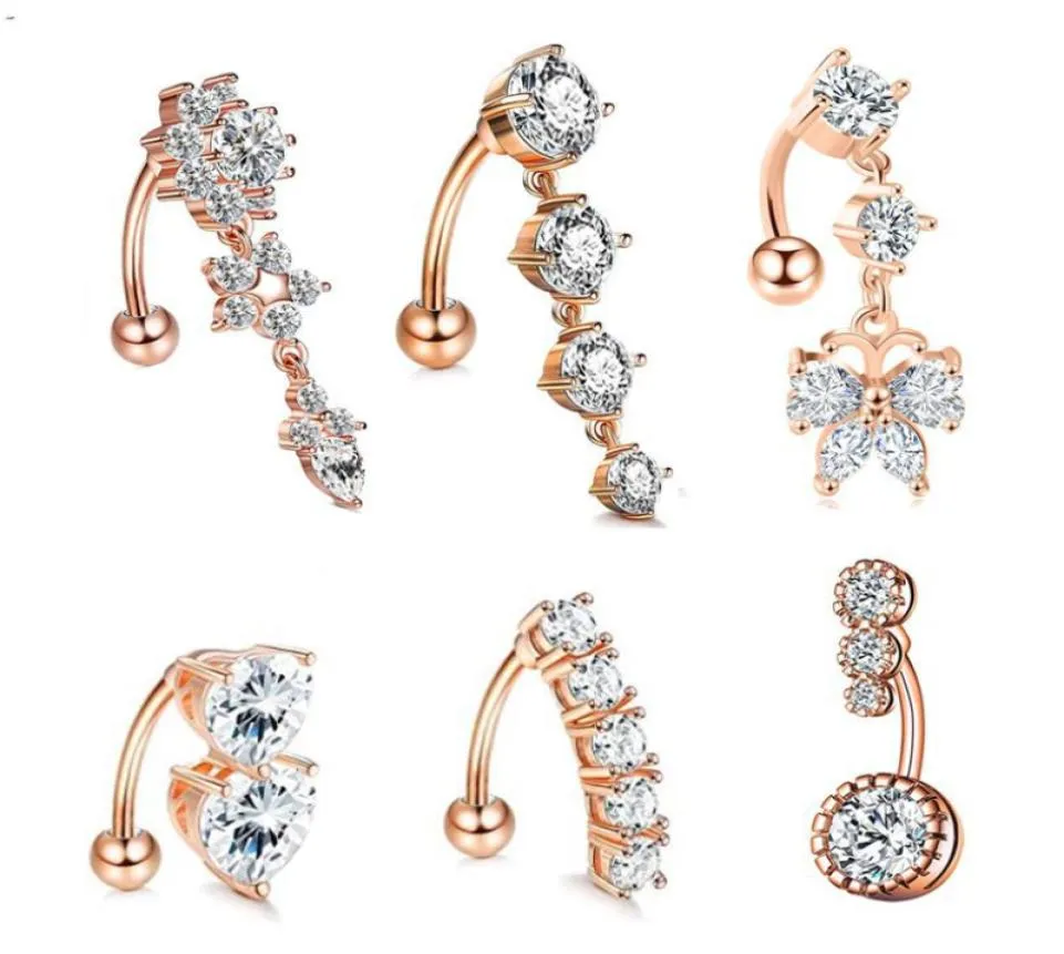 6-Piece Dangle Heart & Flower Belly Button Rings Set - CZ Belly Bars ...