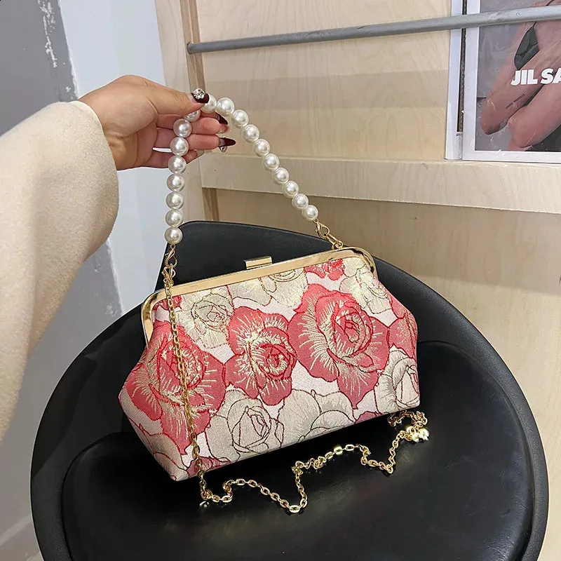 Elegant Pearl & Shell Evening Clutch: Embroidered Canvas Banquet Bag ...