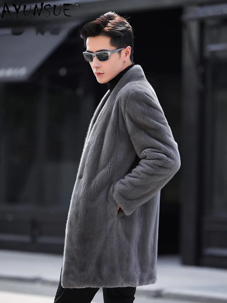 Ayunsue Men's High-End Real Mink Fur Jacket, Winter Fashion V-Neck ...
