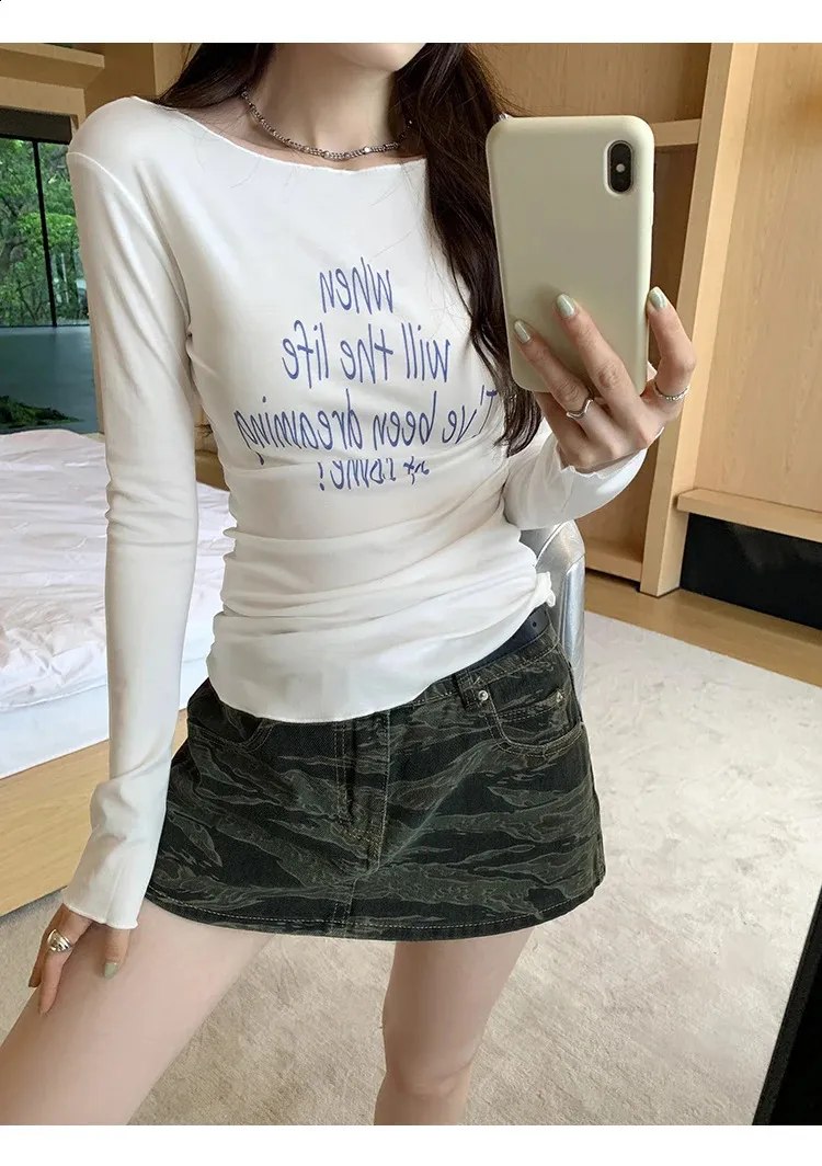 Slash Neck Long Sleeve T-shirt: Women's Vintage Letter Print Top, Y2k ...