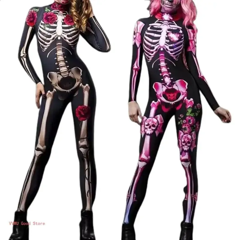 Women's Halloween Party Costume Skull Print Long Sleeved Jumpsuit ...