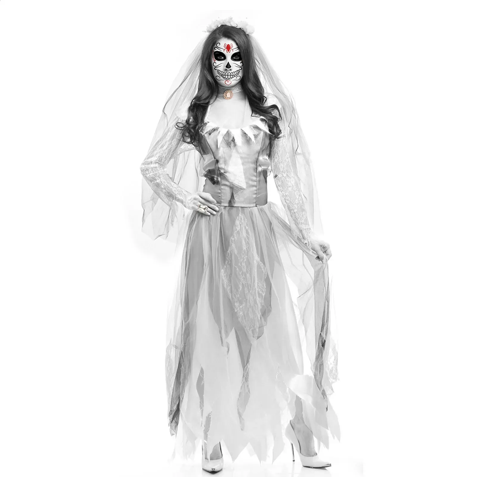 Sexy Female Skeleton Zombie Bride Cosplay Dress Tight Fit Halloween ...