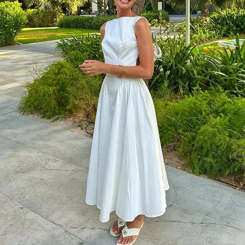 Sleeveless Solid Color Sexy Backless Women's Slim Fit White Dress ...
