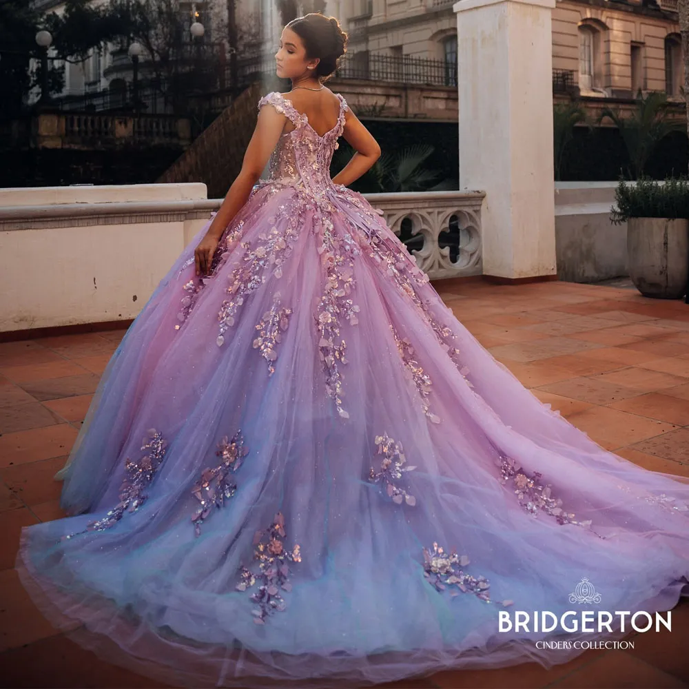Mexican Lavender Lavender Quinceanera Ball Gown Dress With 3D Floral ...