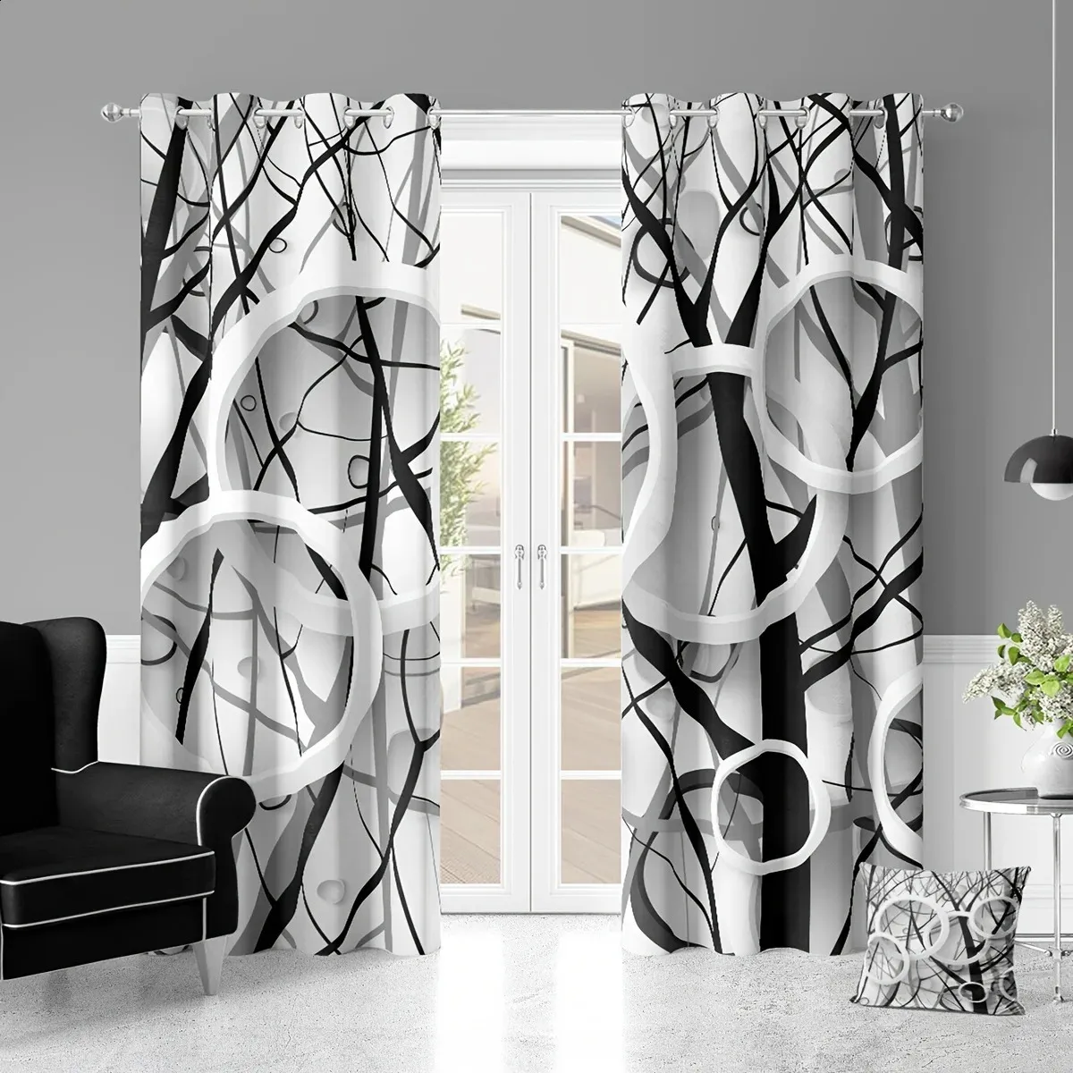 Abstract Tree Silhouette Window Curtains: Circular Design, Decorative ...