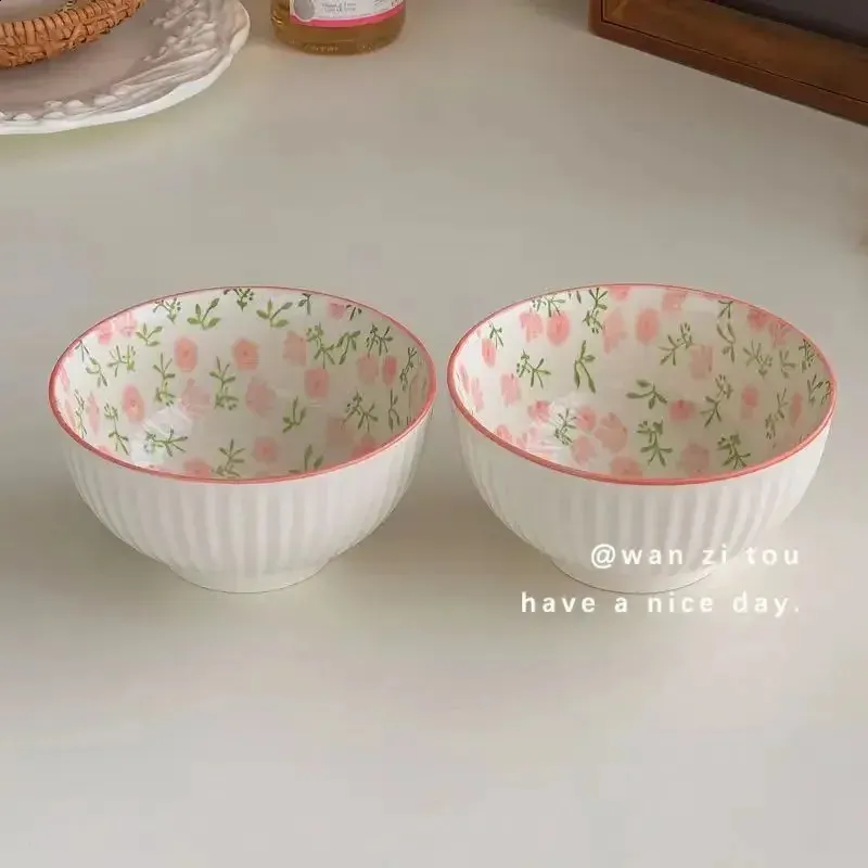 Korean Ceramic Rice Bowl Set with Mesh Spoon, Ideal for Home, Dormitory ...