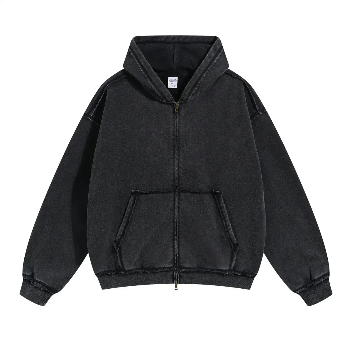 Distressed Y2K Zip Up Hoodie Vintage Wash, Loose Fit Cotton Blend ...