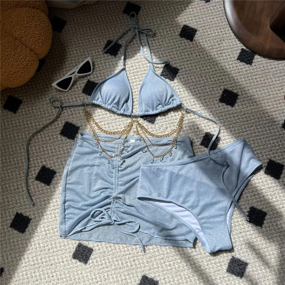 Shimmering Blue String Bikini Set With Rhinestone Chain, High Waisted ...