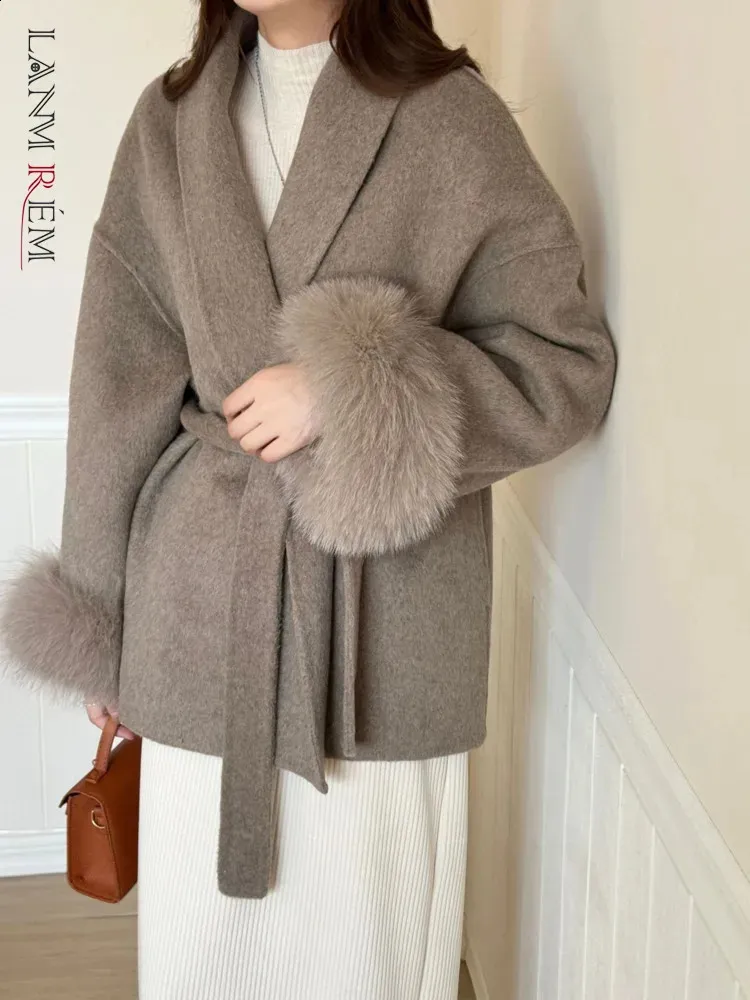Lanmrem Double Sided Wool Coat Womens Fox Fur Patchwork Sleeves Collar ...
