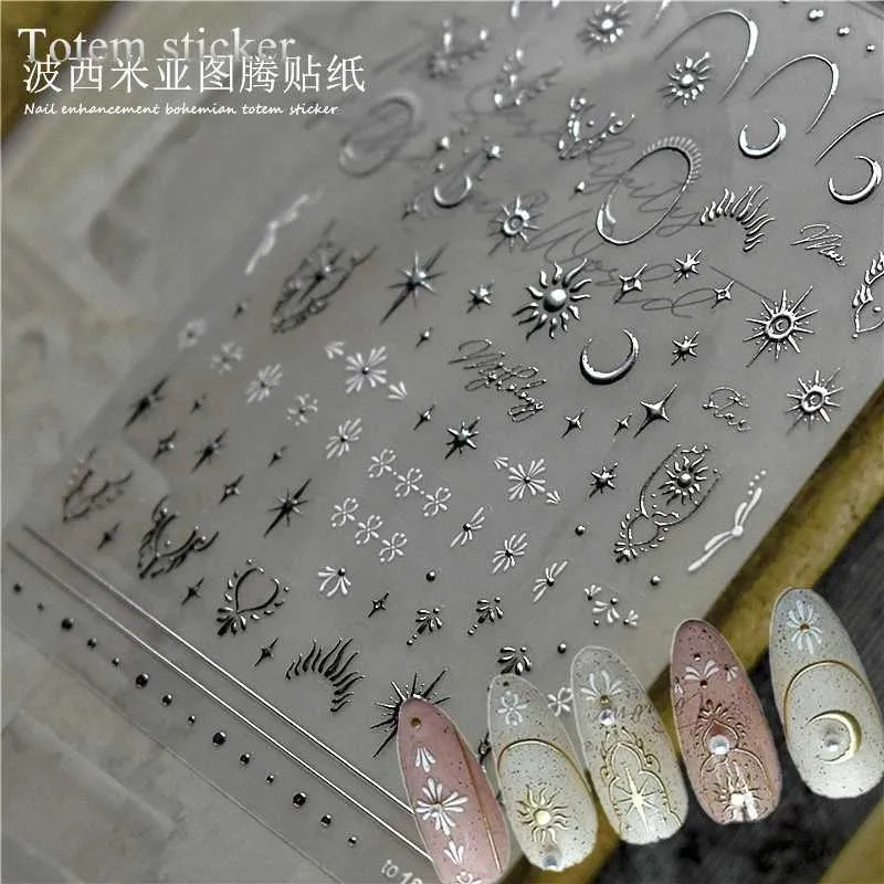 3D Bronze & Silver Nail Stickers: Bohemian Laser Stars Moons Suns for ...