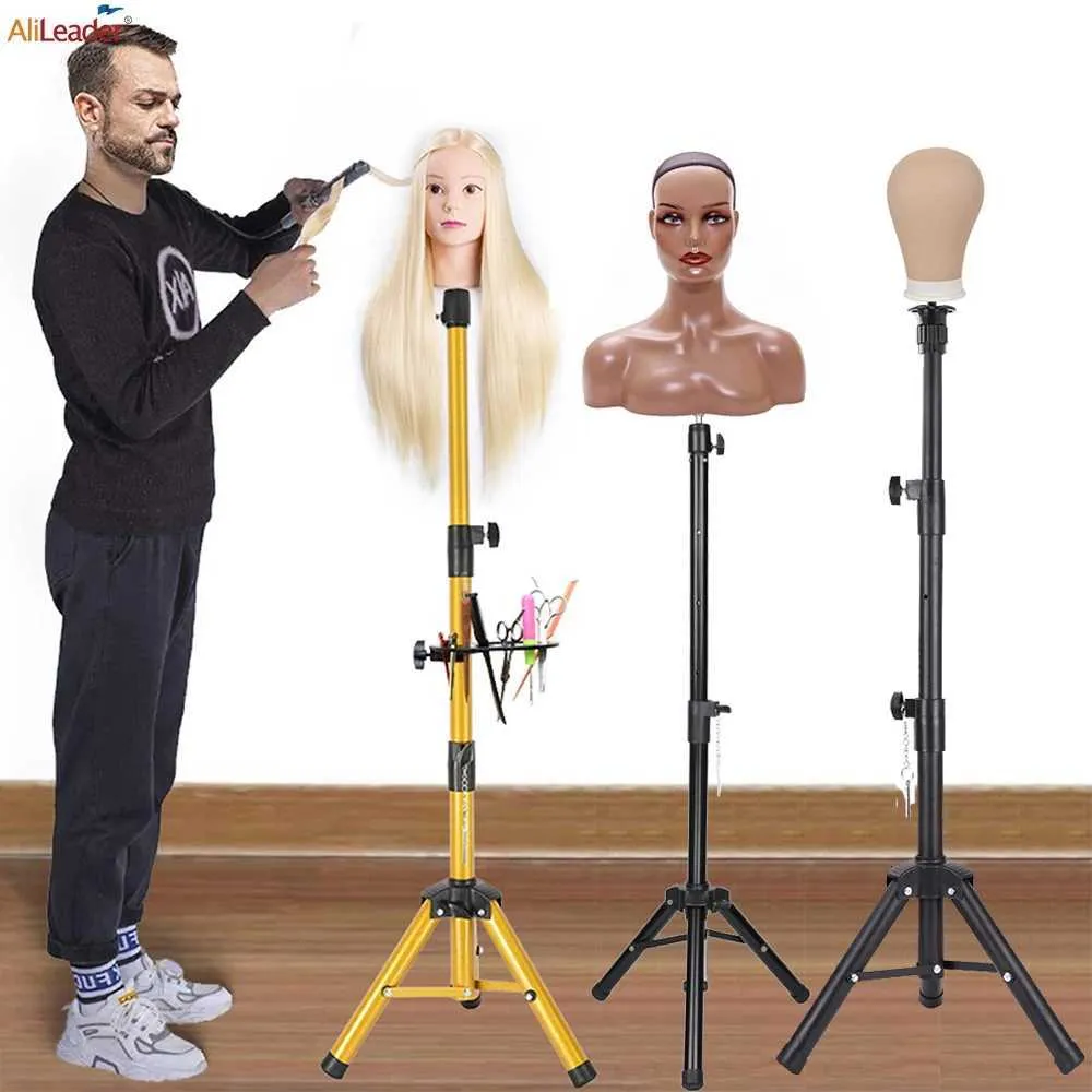 Adjustable Wig Stand Tripod - 125-140cm Black & Gold Metal Wig Holder ...