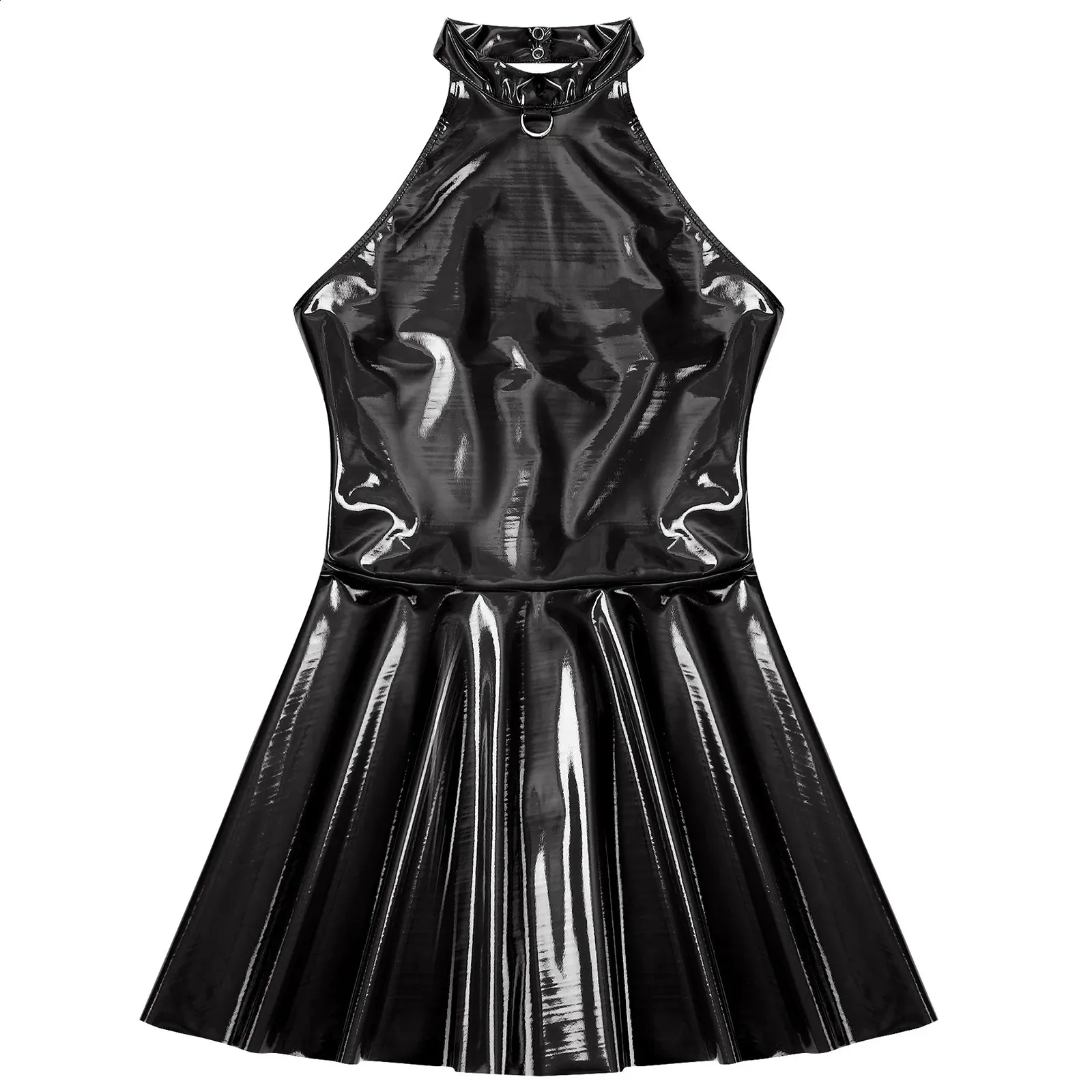 Strapless Patent Leather Mini Dress - Sleeveless Swing Dress for ...