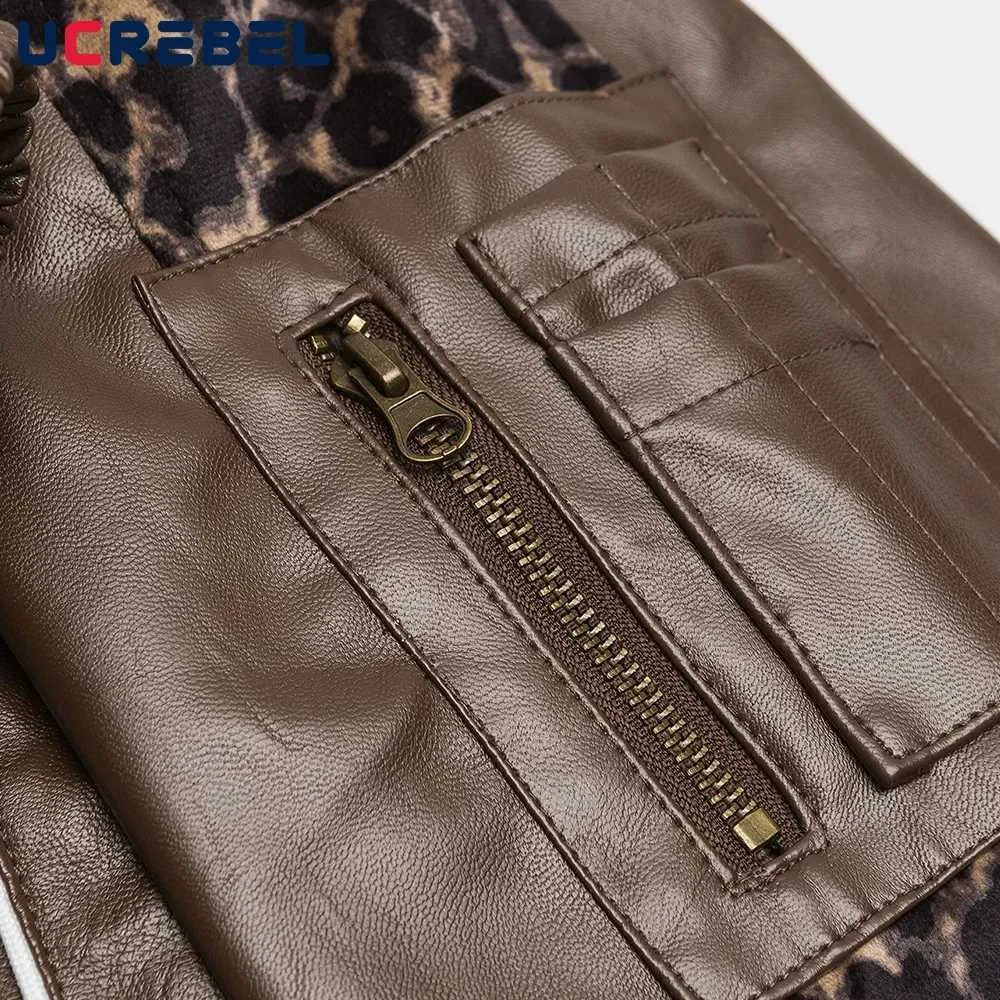 Mens Faux Leather Leopard Print Patchwork Long Sleeve Autumn Coat ...