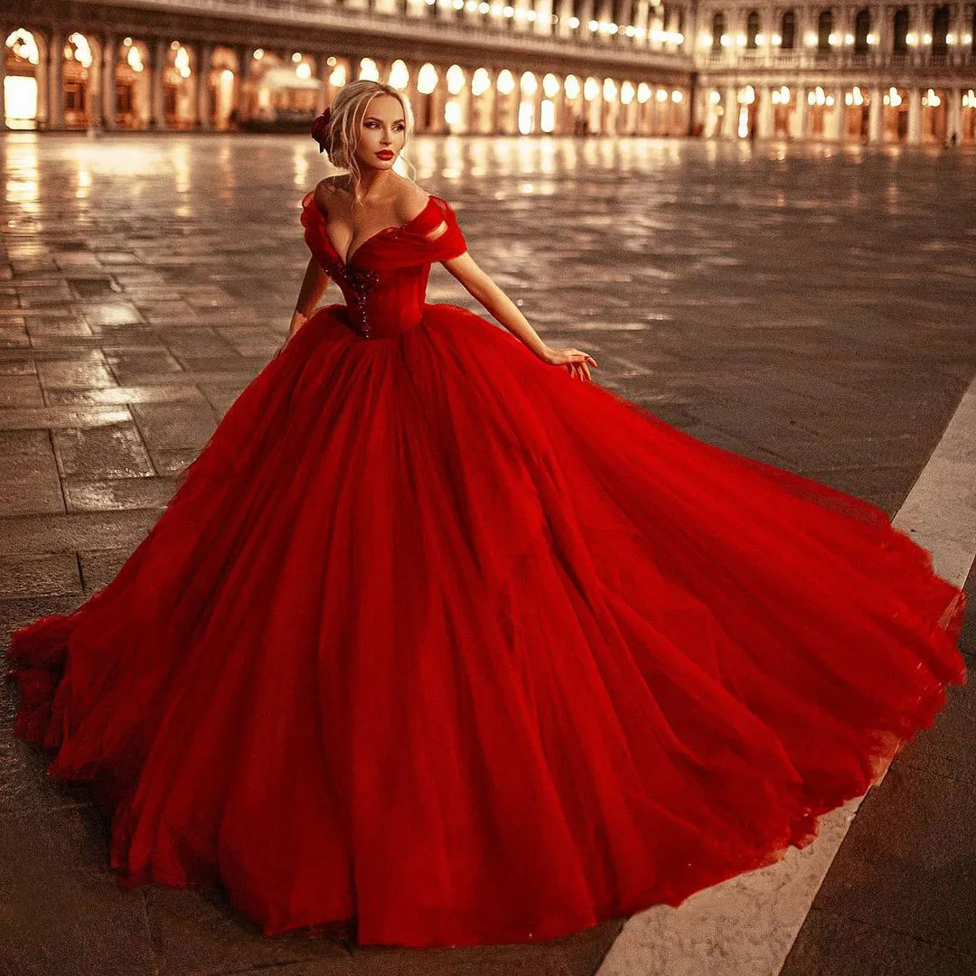 Romantic Red Ball Gown Wedding Off Shoulder Pluffy... From Myohmydress ...
