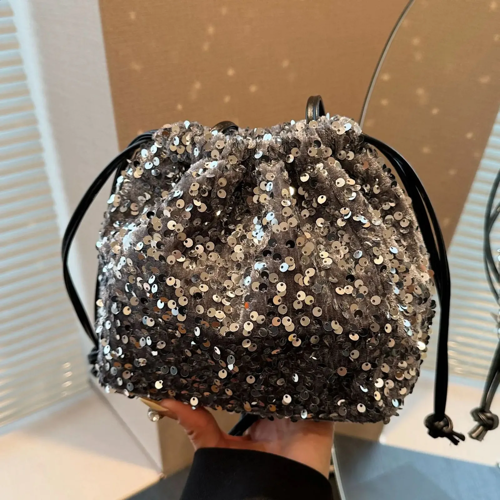 Drawstring Bucket Purse Mini Shoulder and Crossbody Bag in Silver Gray ...