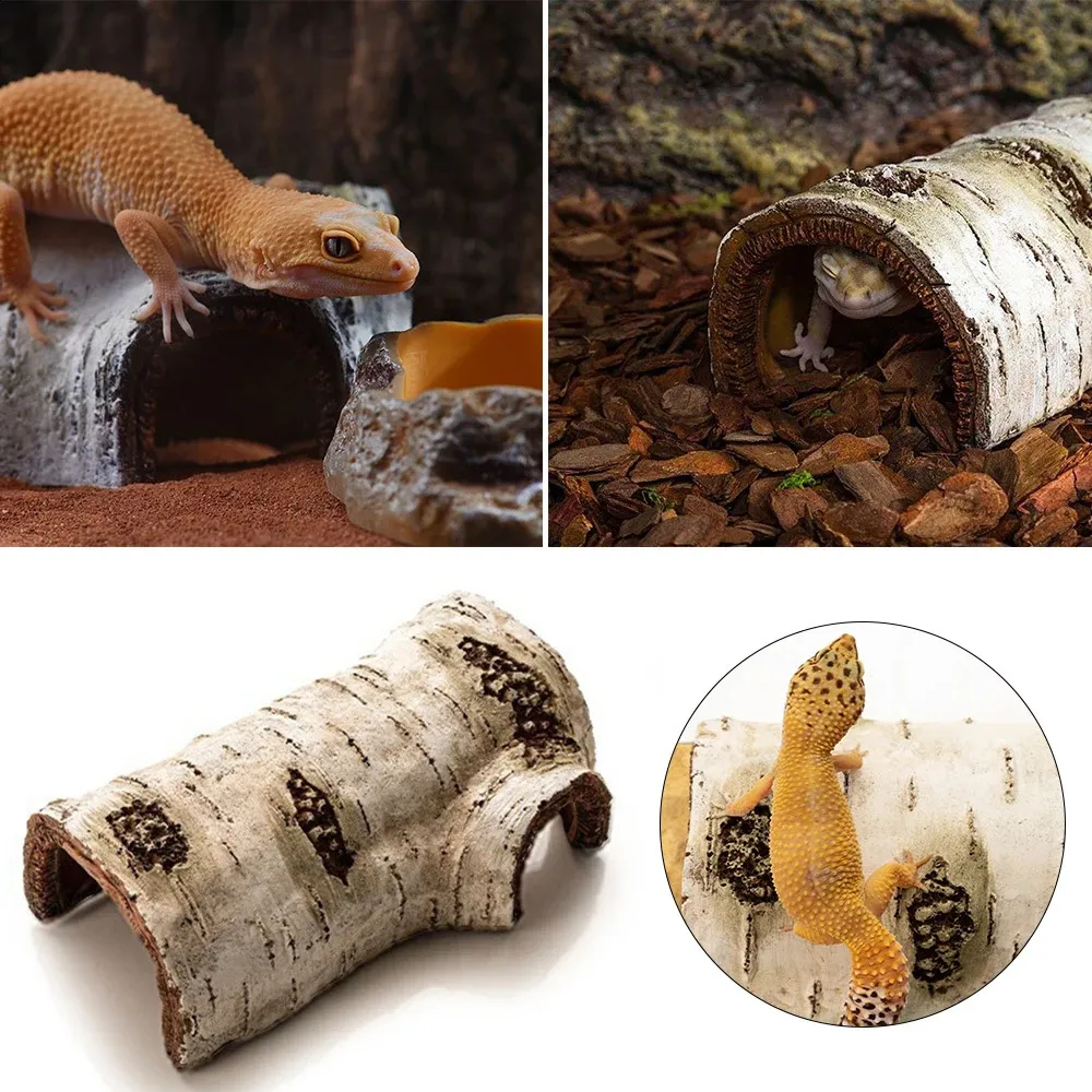 Reptile Hide Cave Small Animal Hideaway Artificial Birch Log Resin for ...