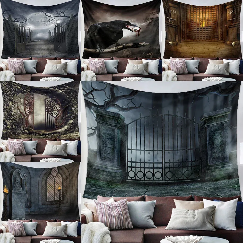 Halloween Gothic Architecture Black Wall Tapestry Horror Night Wall ...