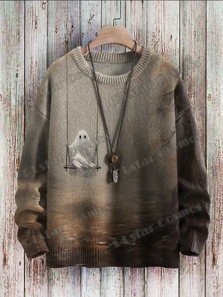 Halloween Retro Spooky 3D Printed Acrylic Pullover Knit Sweater Long ...