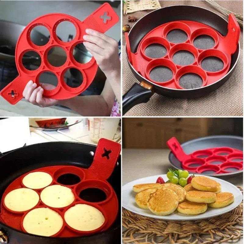 Nonstick Silicone Pancake Molds - Multiple Shapes, 7-Hole Design! Round ...