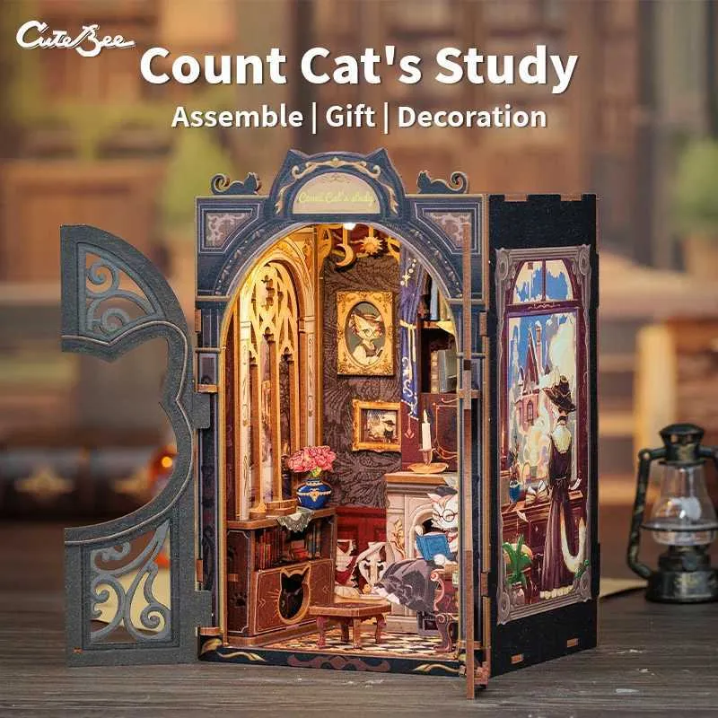 DIY Miniature Book Nook Kit: Cats & Books 3D Puzzle, Light-Up Bookshelf ...