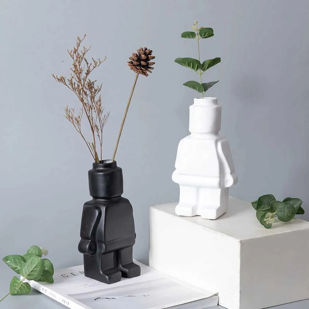 White Ceramic Robot Vase - Modern Nordic Style Flower Pot for Home ...