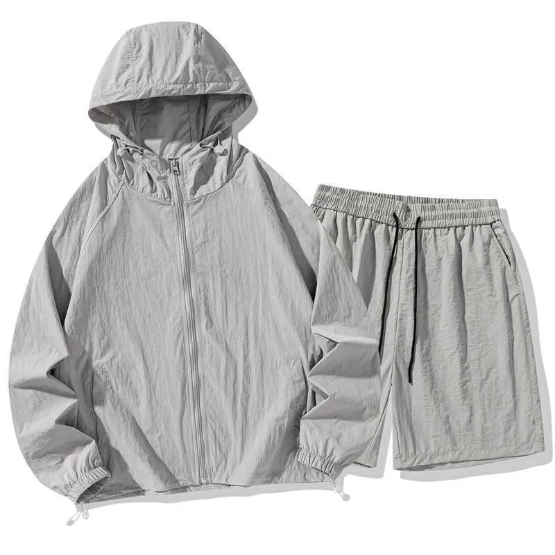 Men's 2-Piece Tracksuit Set: Lightweight Summer Hooded Jacket & Shorts ...
