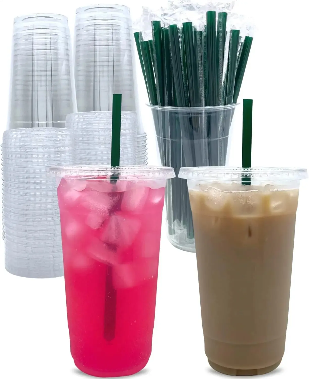 240826 32 Oz Plastic Party Cups With Lids Clear Disposable Cold Drink ...